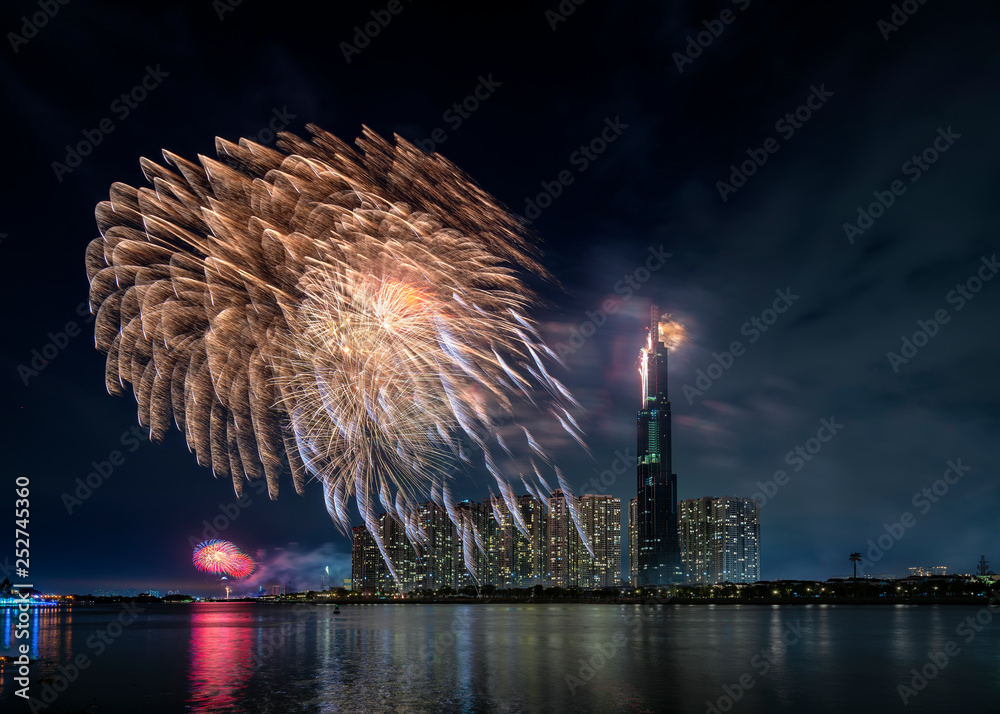 Ho Chi Minh City, Vietnam - February 4th, 2019: Colorful fireworks ...