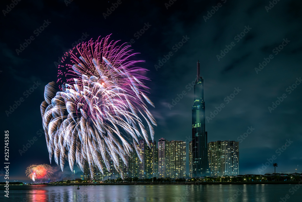 Ho Chi Minh City, Vietnam - February 4th, 2019: Colorful fireworks ...