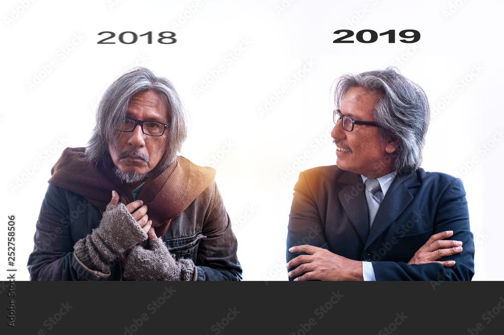 Senior man, comparing images before and after, rich and poor, wealth ...