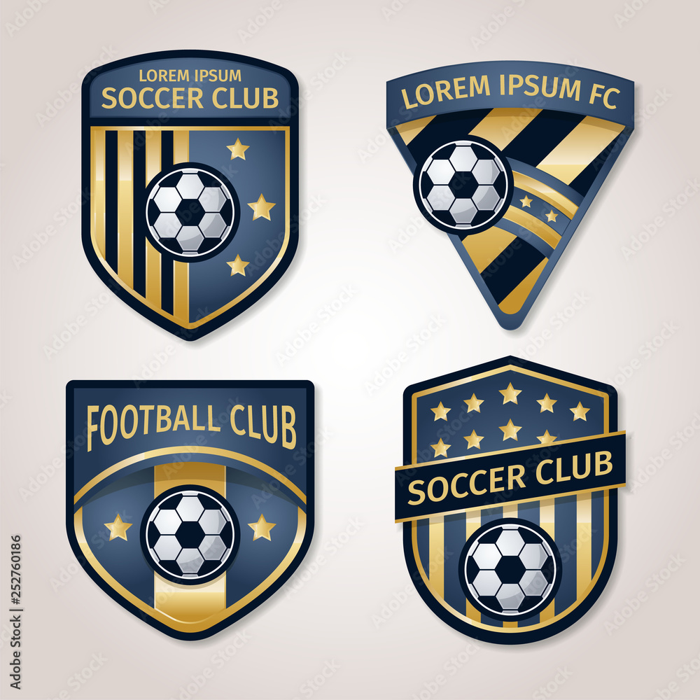 Golden soccer or football badge collection with black and gold star ...