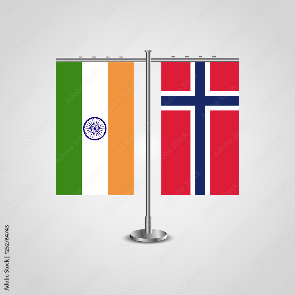 Table stand with flags of India and Jan Mayen.Two flag. Flag pole ...