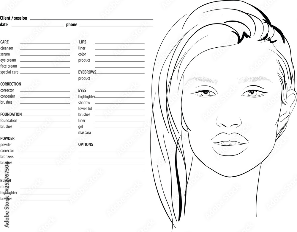 Face chart Makeup Artist Blank. Template. Stock Vector | Adobe Stock