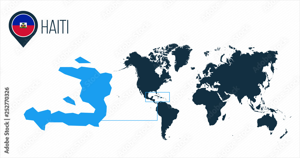 Haiti map located on a world map with flag and map pointer or pin ...