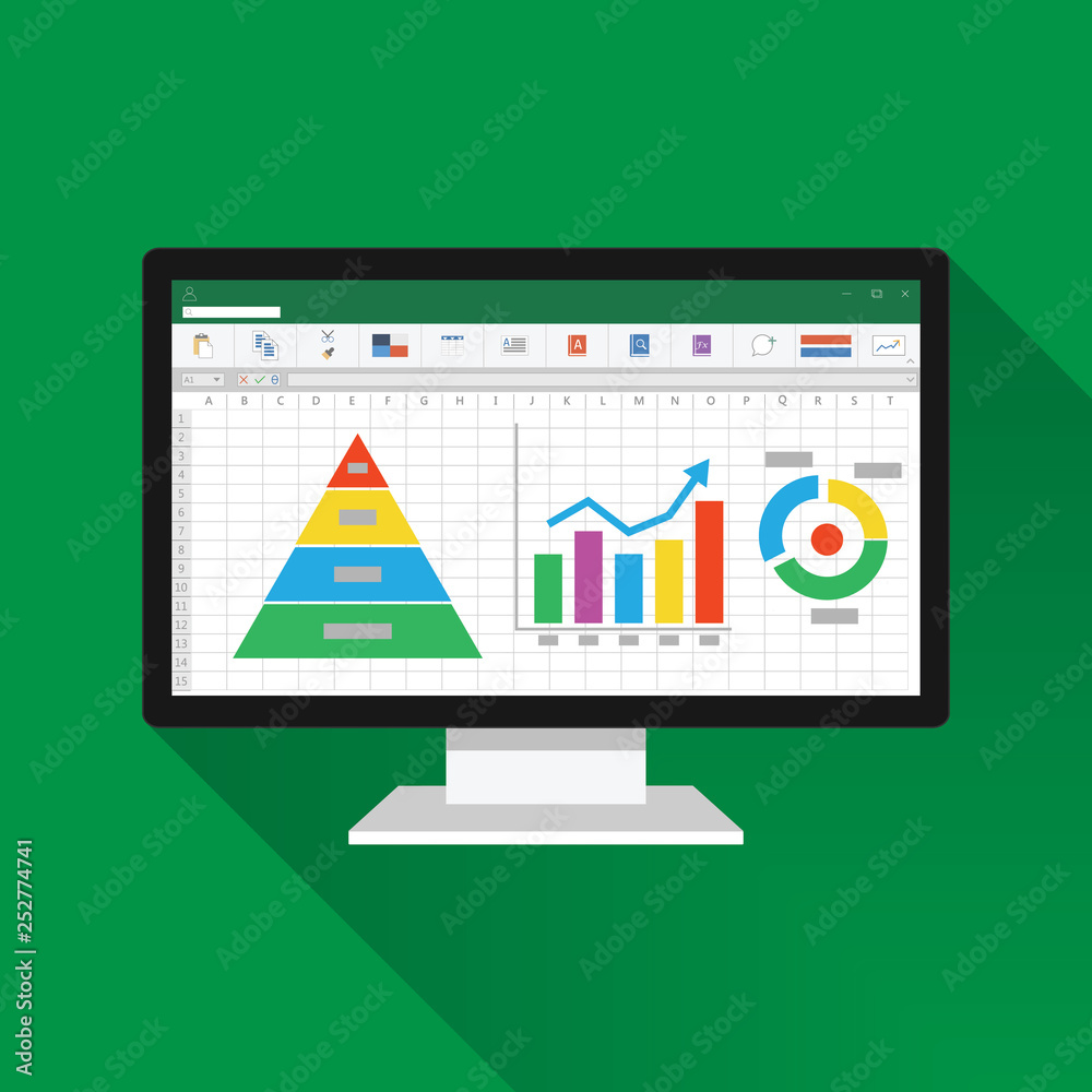 Spreadsheet on Computer screen flat icon. Financial accounting report ...