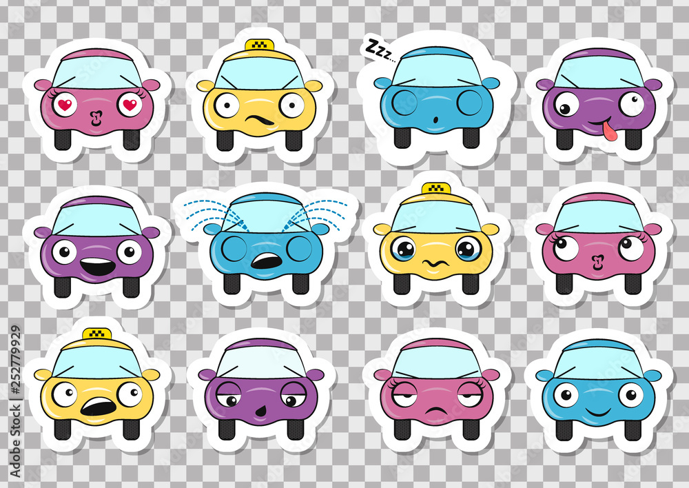 Set of stickers with funny cartoon cars on a transparent background ...