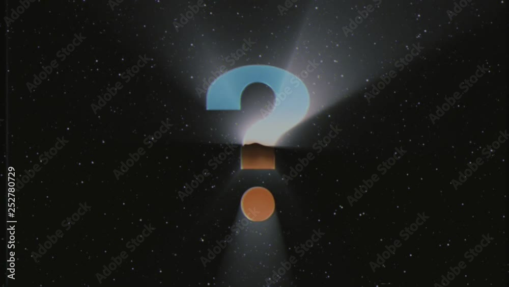 shiny retro VHS style Question mark fly in and out in stars space ...
