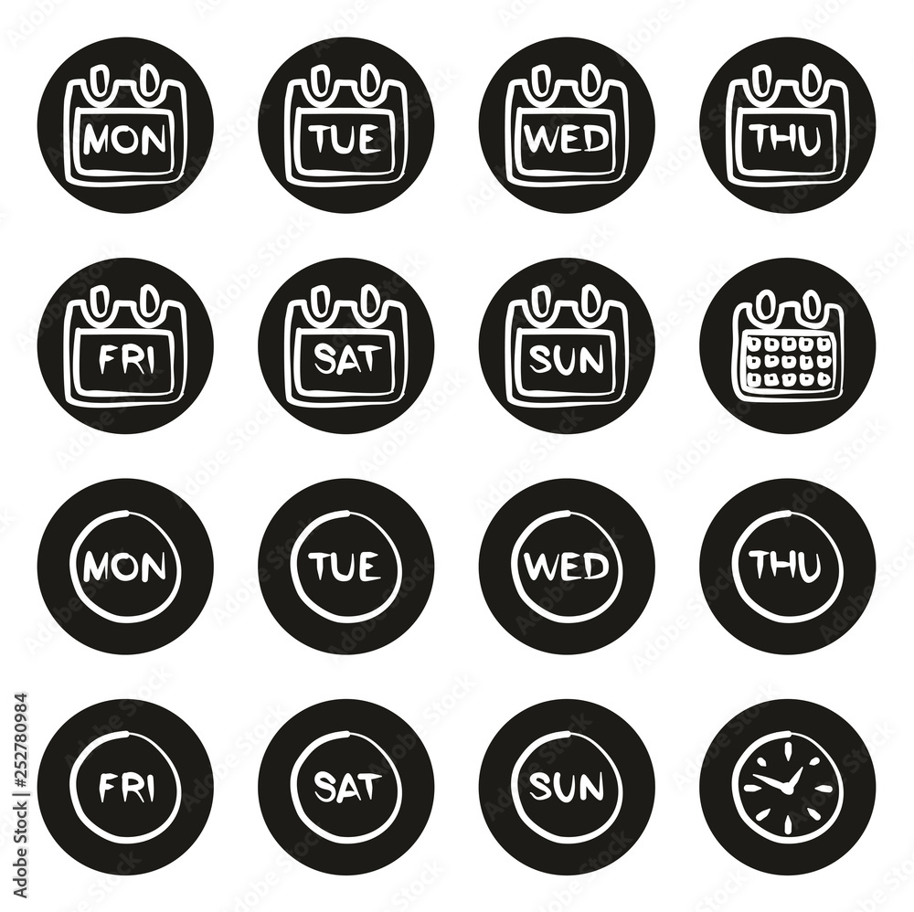Days of the Week Icons Freehand White On Black Circle Stock-Vektorgrafik | Adobe Stock