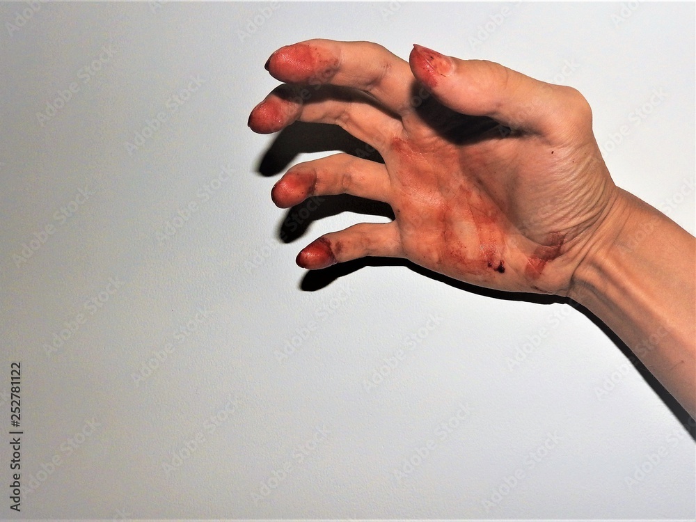 Scenc of horror, hand of blood, puppet master, the manipulator. Stock ...