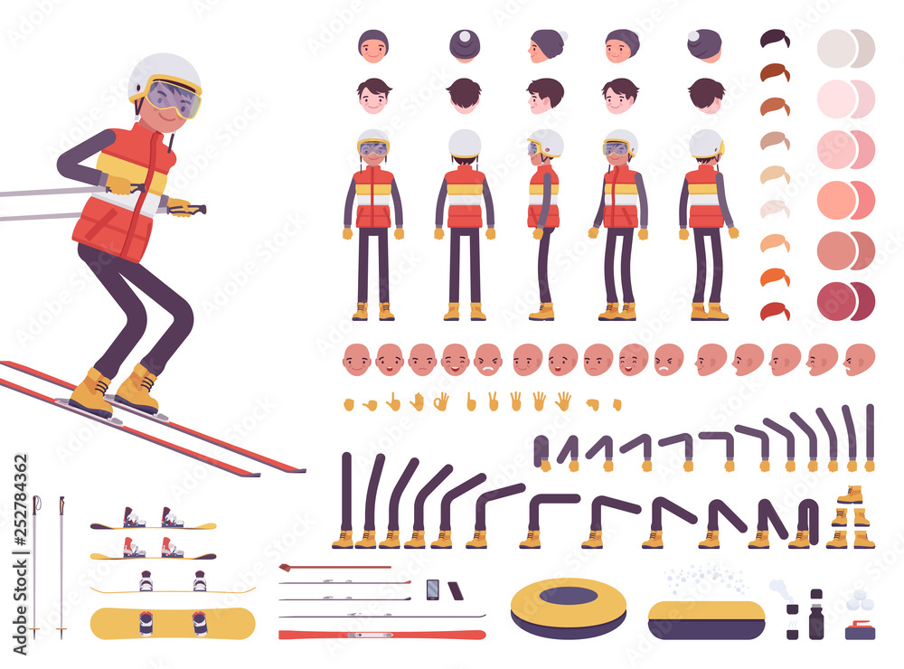 Skier man character creation set. Ski clothing, equipment, winter sport ...