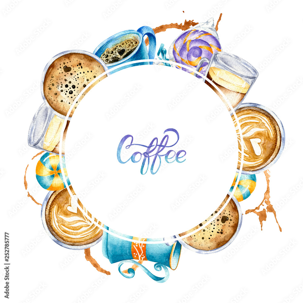 Watercolor round border in retro style with coffee cups, splashes ...
