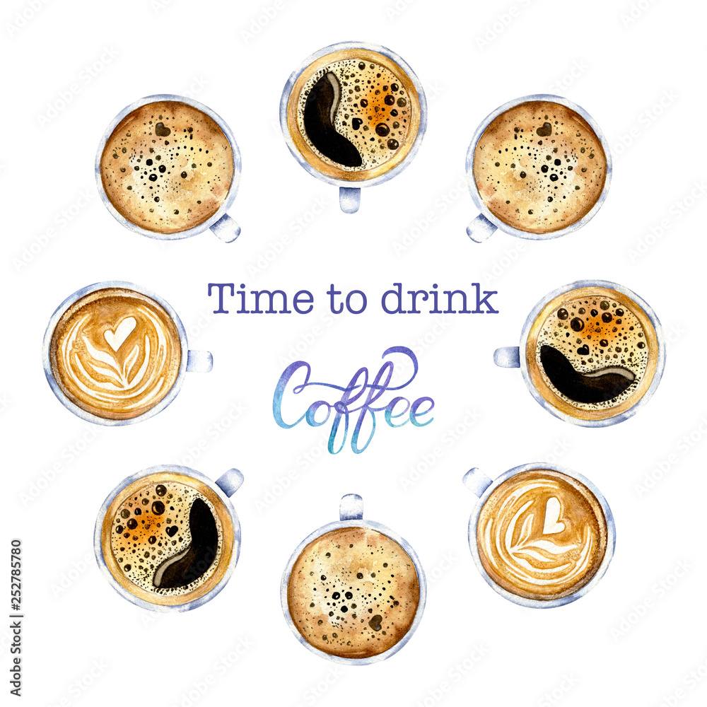 Watercolor round border in retro style with coffee cups and lettering ...