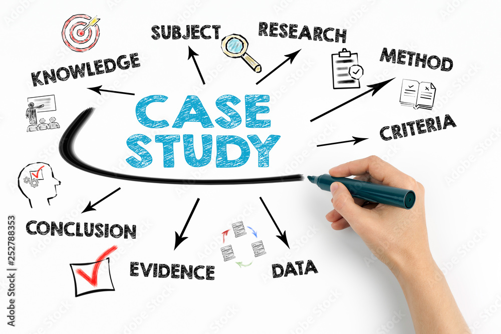 Case study Concept. Chart with keywords and icons on white background ...