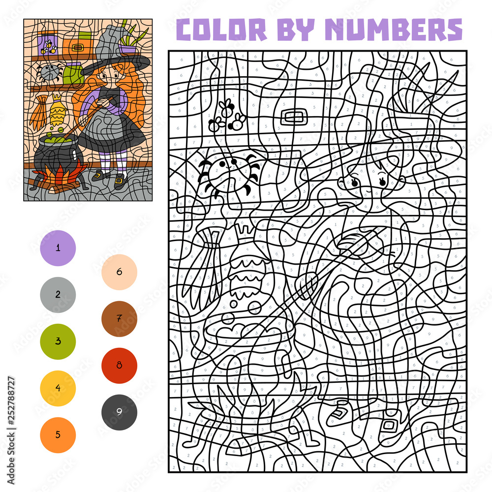 Color by number, education game, Witch and cauldron with magic potion ...