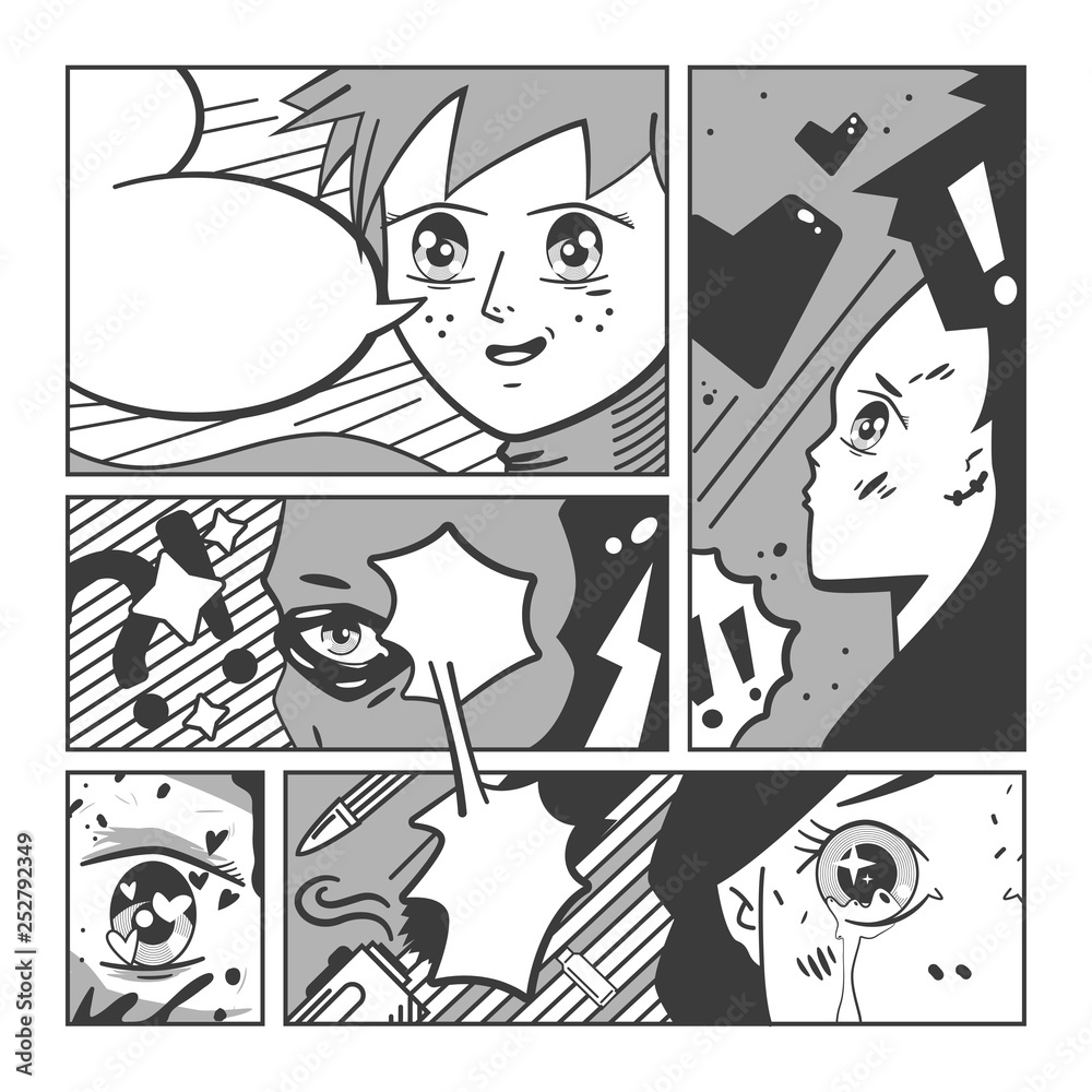 Manga, anime comics page with people and speech bubble. Vector cartoon ...