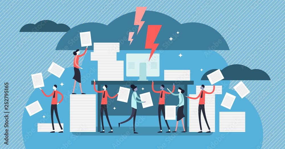 Bureaucracy vector illustration. Flat tiny paperwork pile persons ...