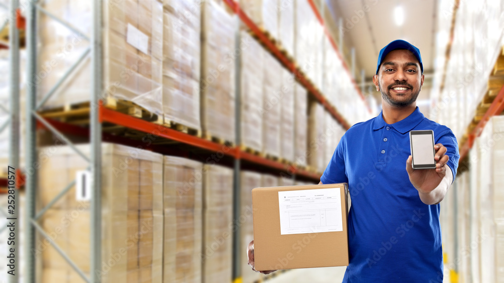 mail service, technology and shipment concept - happy indian delivery ...