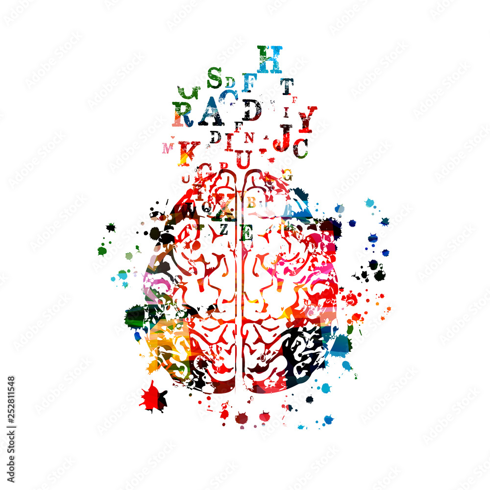 Colorful human brain with alphabet letters isolated vector illustration ...