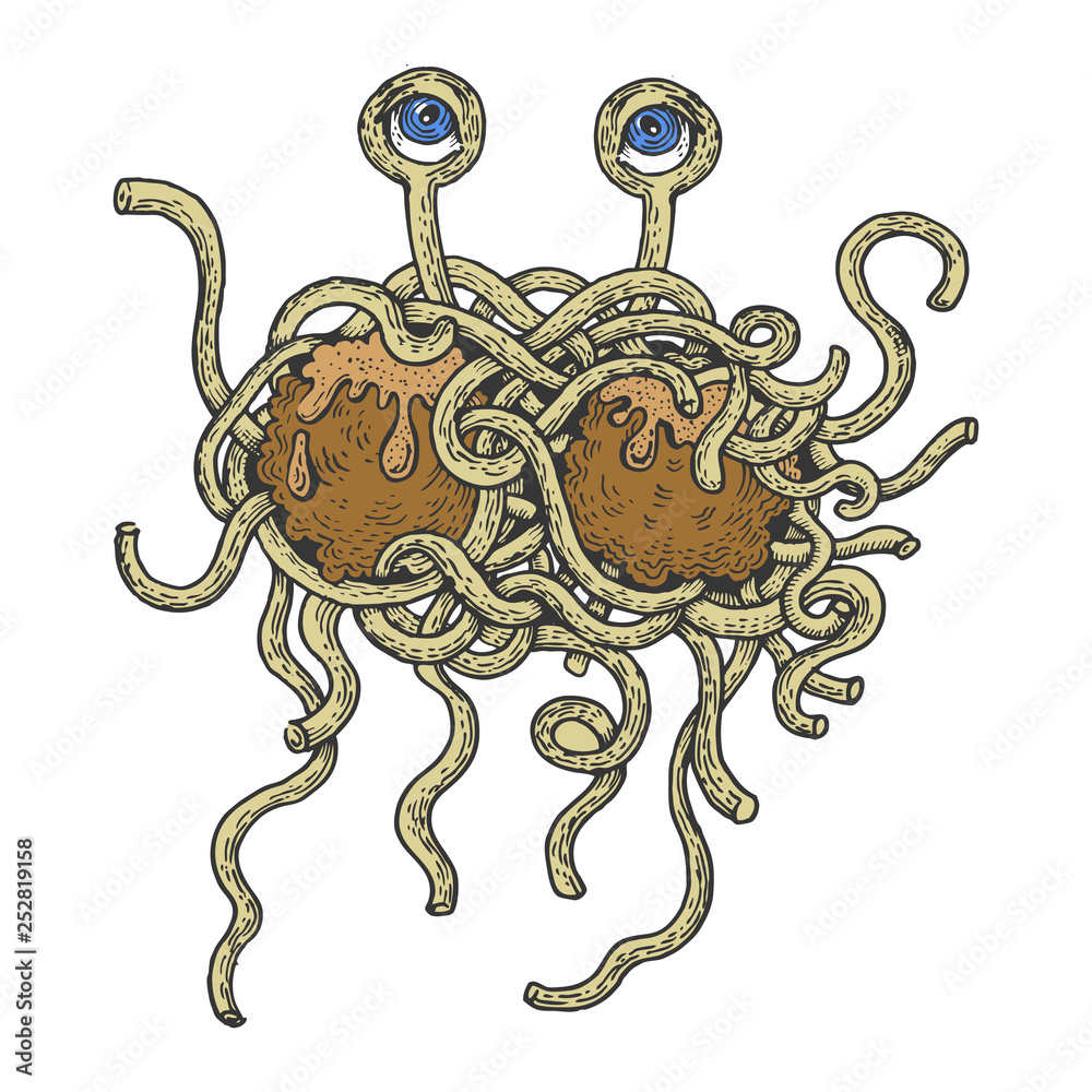Flying spaghetti monster color sketch engraving vector illustration ...