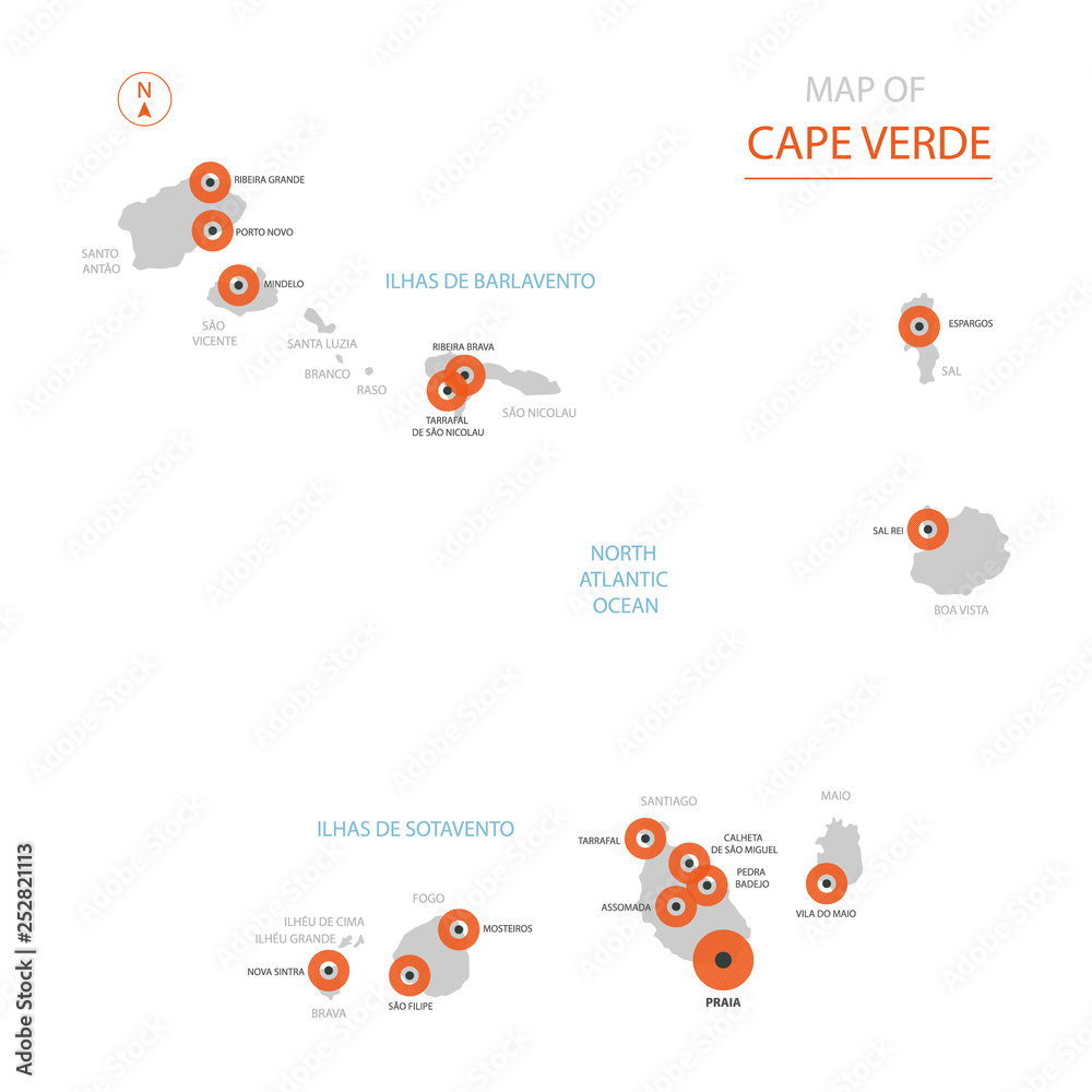 Stylized vector Cape Verde map showing big cities, capital Praia ...