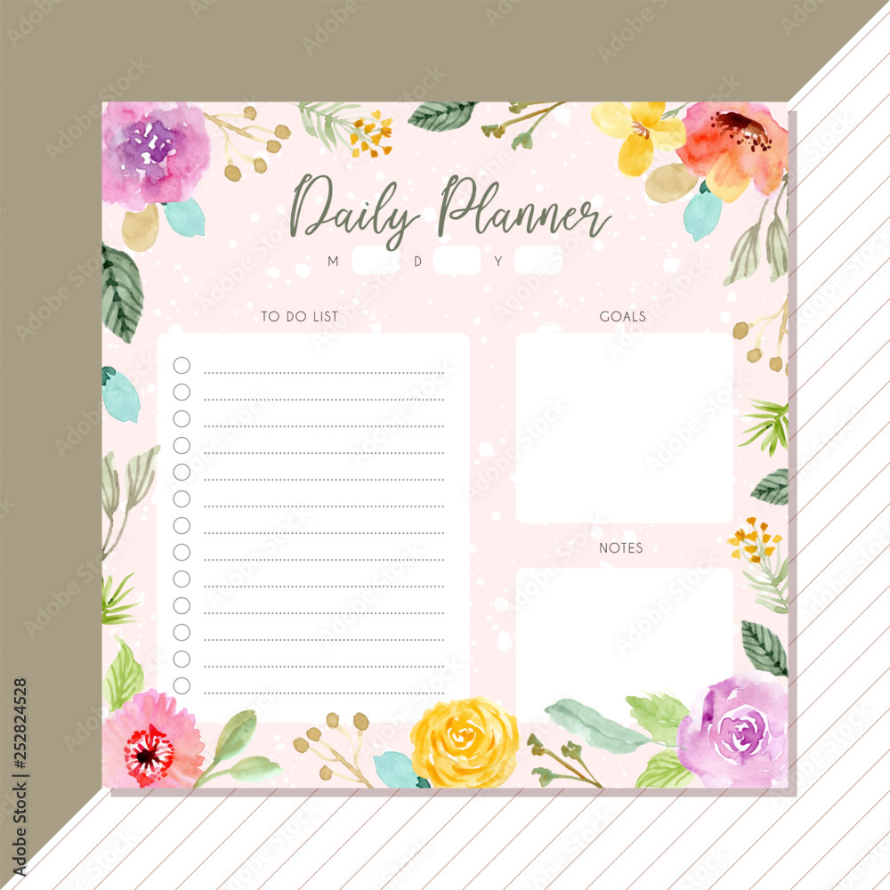 daily planner with flower watercolor frame background Stock Vector ...