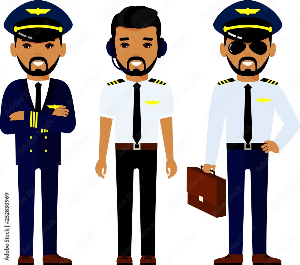 Set of arab people aviation professions, pilot, captain and airline ...
