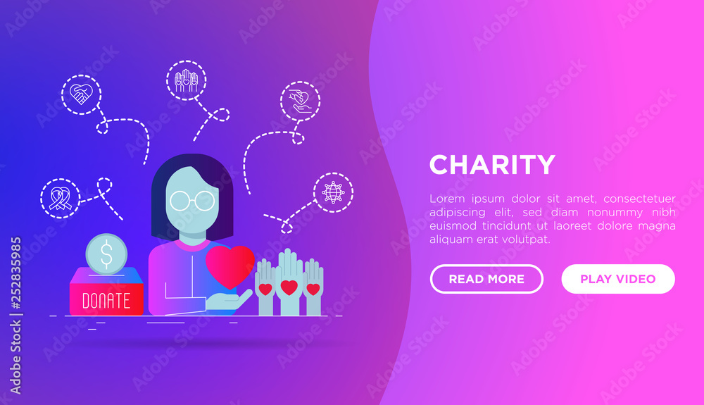 Charity web page template in flat style: woman in glasses with heart in ...