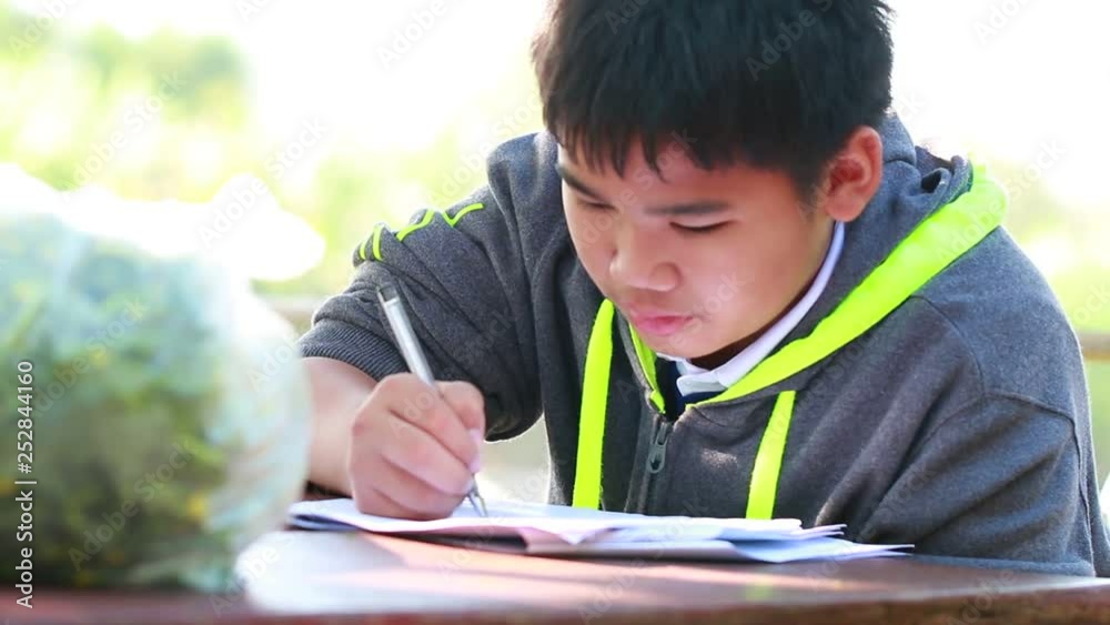 Asian boy student doing writing study homework for test exam on desk at ...