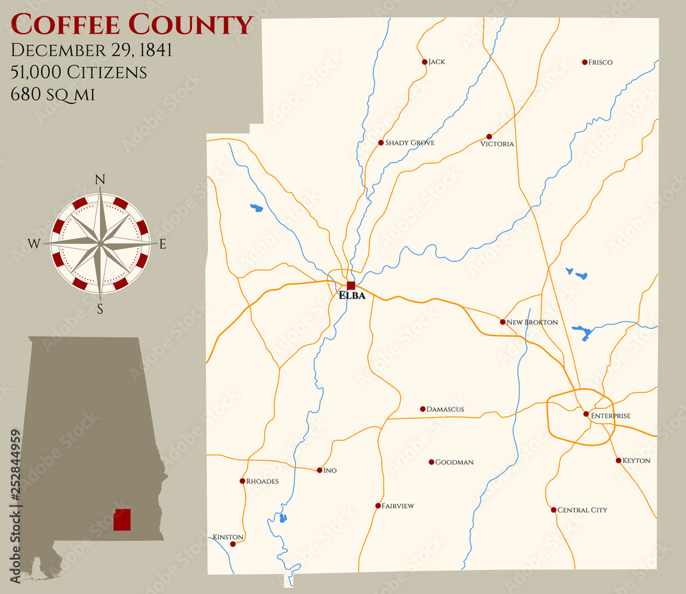 Large and detailed map of Coffee county in Alabama, USA Stock Vector ...