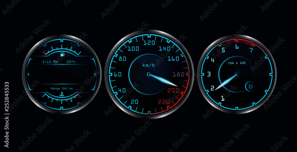 Set of isolated dashboard speedometers. Realistic sensor panel with ...