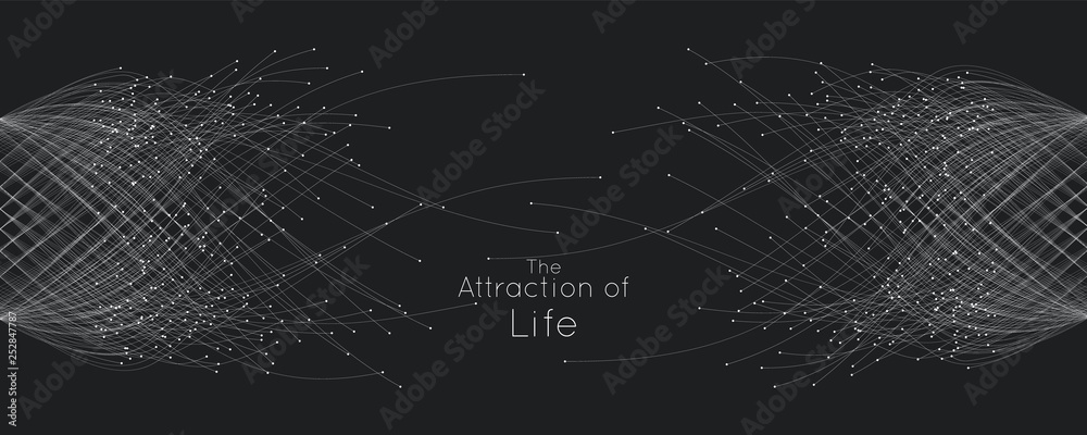 Attraction of life. Vector connecting particle tails. Small particles ...