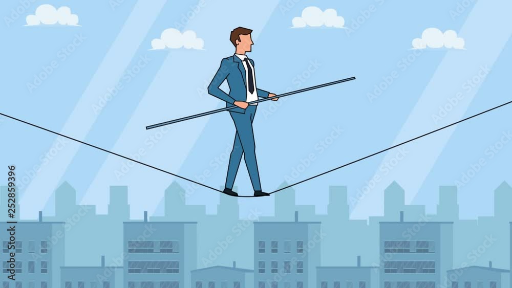 Flat cartoon businessman character walking a tightrope over city ...