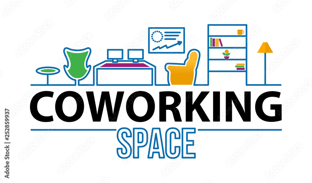 Coworking & Office Spaces logo in a modern interior. Coworking concept ...