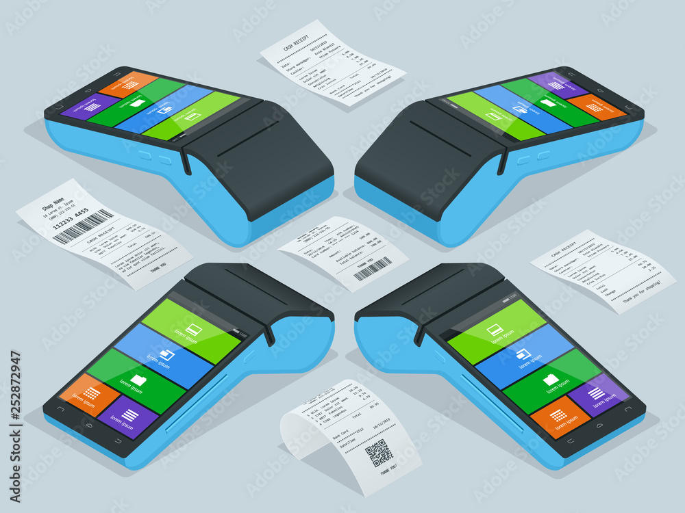 Vector payment machine and cash receipt. POS terminal confirms the payment by debit credit card ...