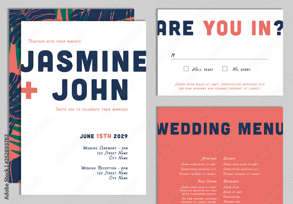 Wedding Suite Layout Set with Leaf Print Illustration Stock Template ...