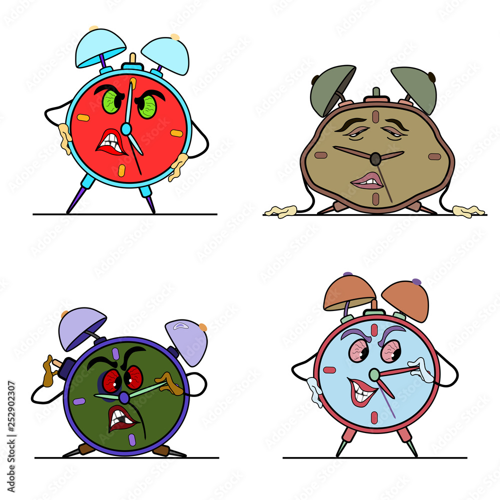 alarm clock, four different postures. funny, angry, drunk and asleep ...