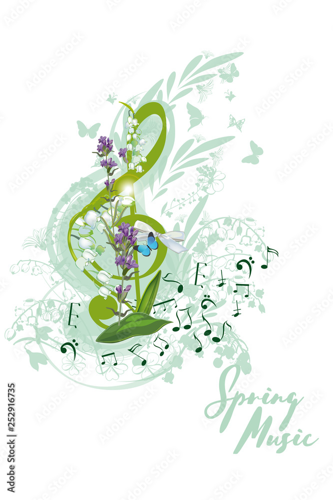 Abstract treble clef decorated with summer and spring flowers, notes ...