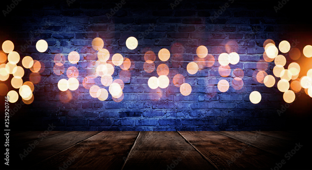 Empty dark room scene. Old brick wall and wooden floor. Blur bokeh ...