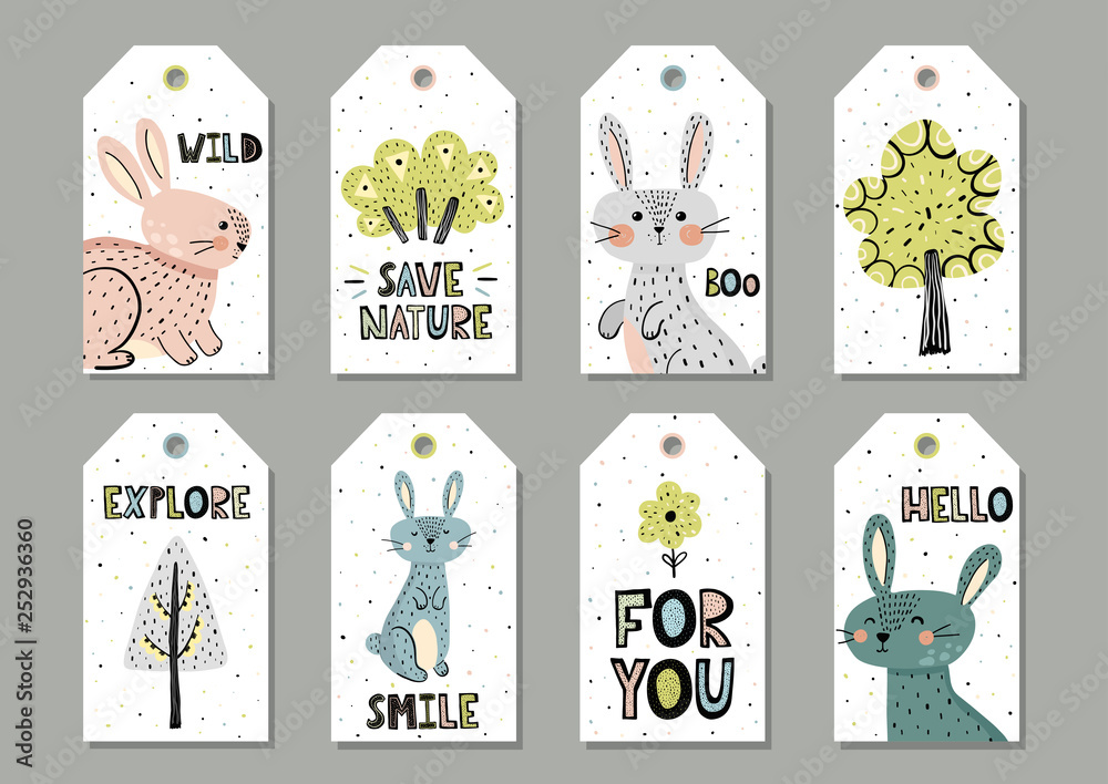 Cute rabbits gift tags set in scandinavian style. Vector illustration ...