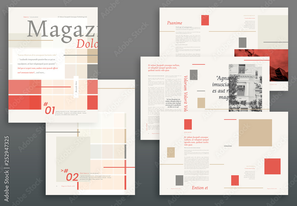 Magazine Layout with Tan, Gray, and Red Accents Stock Template | Adobe ...
