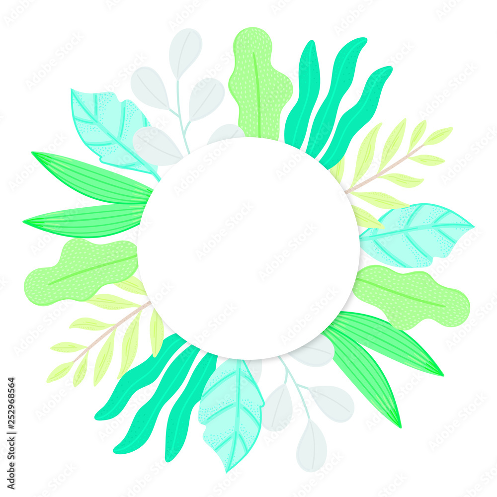 Round frame decorated different leaves in flat style. Plase for taxt ...