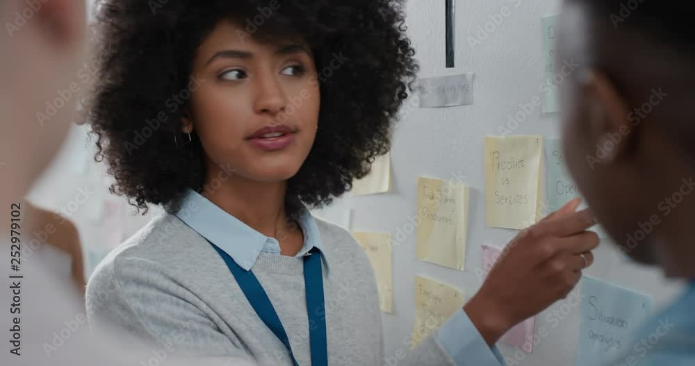 business woman team leader using sticky notes brainstorming with ...