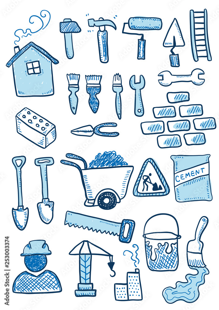 Construction sketch. Hand-drawn cartoon industry icon set. Doodle ...