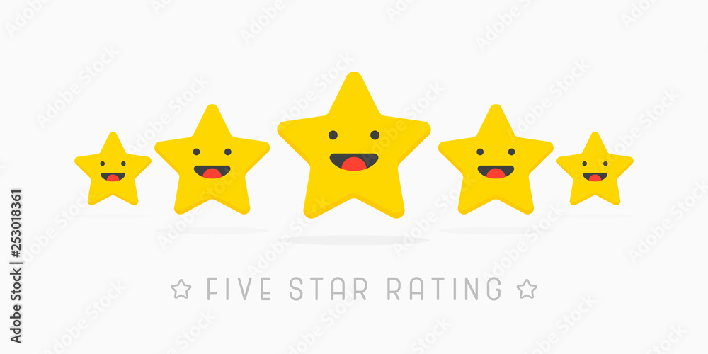Five golden rating star wiyh cute smile face. Vector illustration in ...