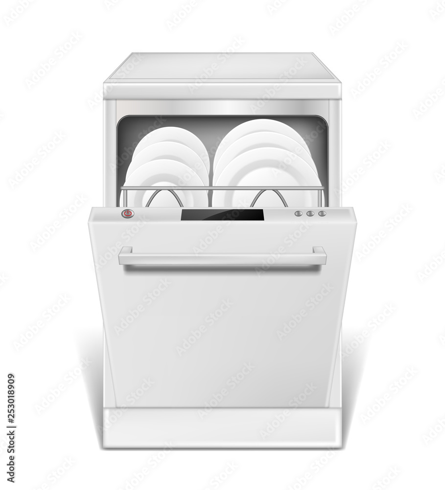 Realistic dishwasher machine with open door. White dishwasher with ...