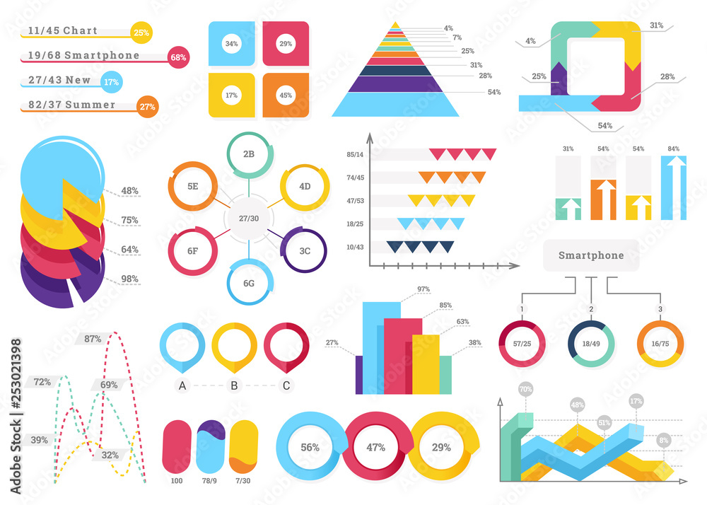 Set of most useful infographic elements - bar graphs, pie charts, steps ...