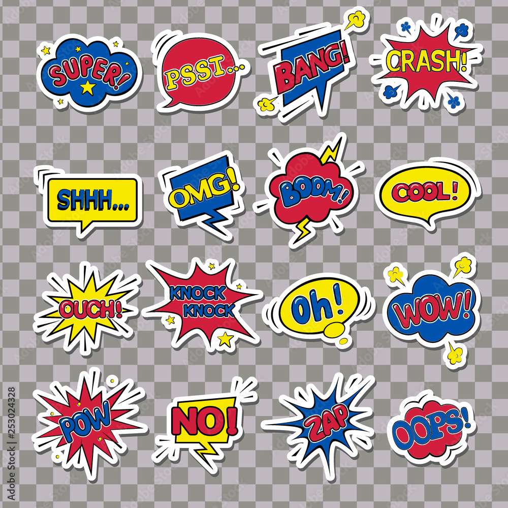 Stickers. Speech bubbles. WOW. Super. Psst. OMG! OOPS! COOL! BOOM ...