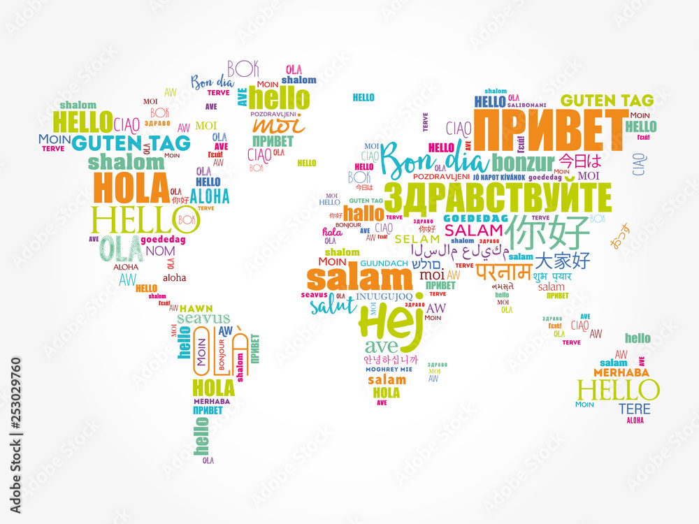 Hello In Different Languages Word Cloud World Map Business Concept