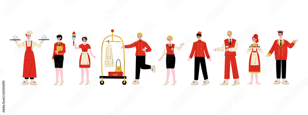Hotel Staff Characters Set, Chef, Manager, Maid, Bellhop, Receptionist ...