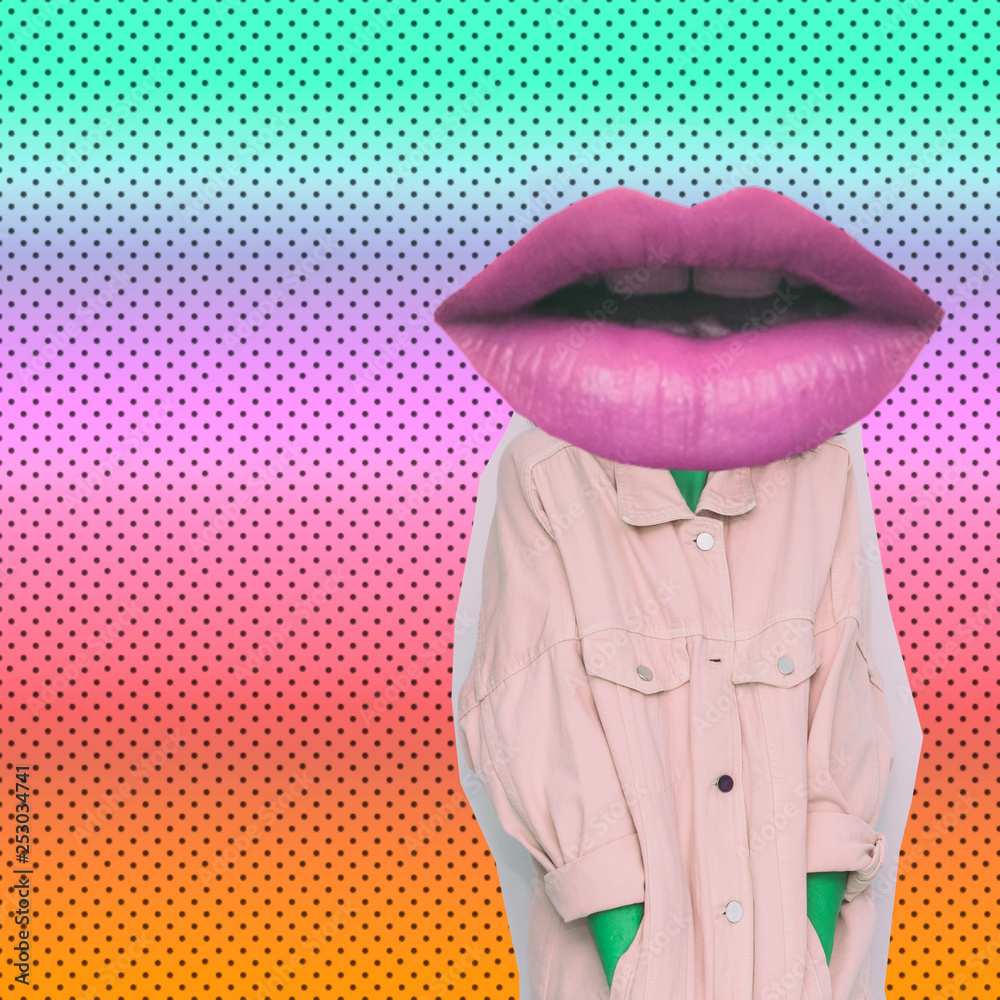Modern art collage. Female alien model with the big lips instead head ...