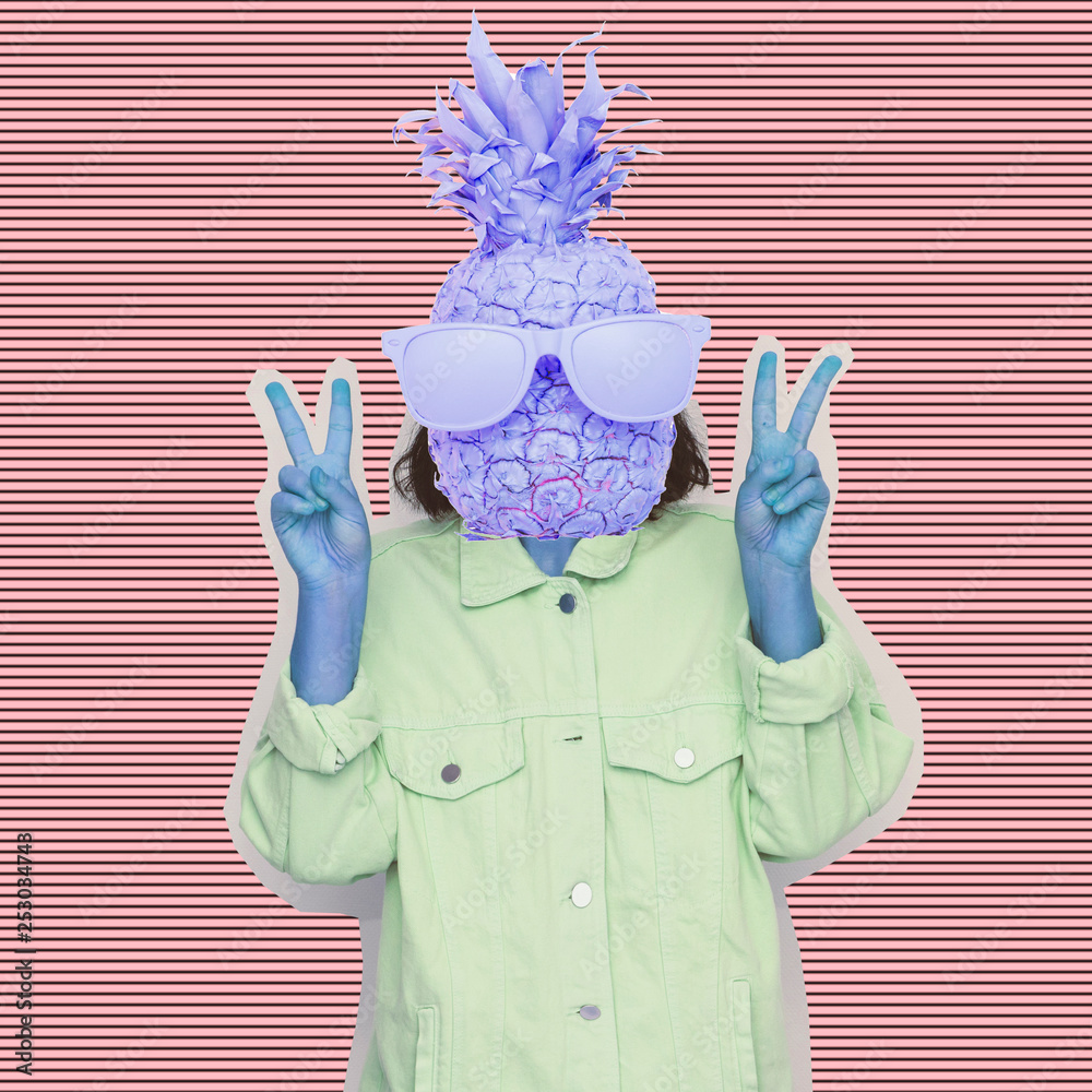 Modern art collage. Female alien model with the big pineapple in ...